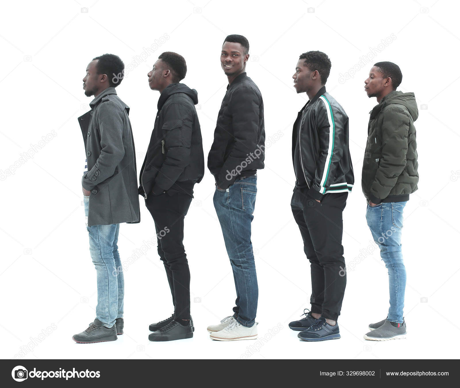 Group of diverse guys standing in turns . isolated on white Stock Photo ...