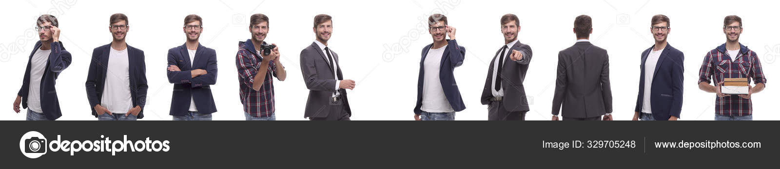 Panoramic collage of self-motivated young man .isolated on white ...