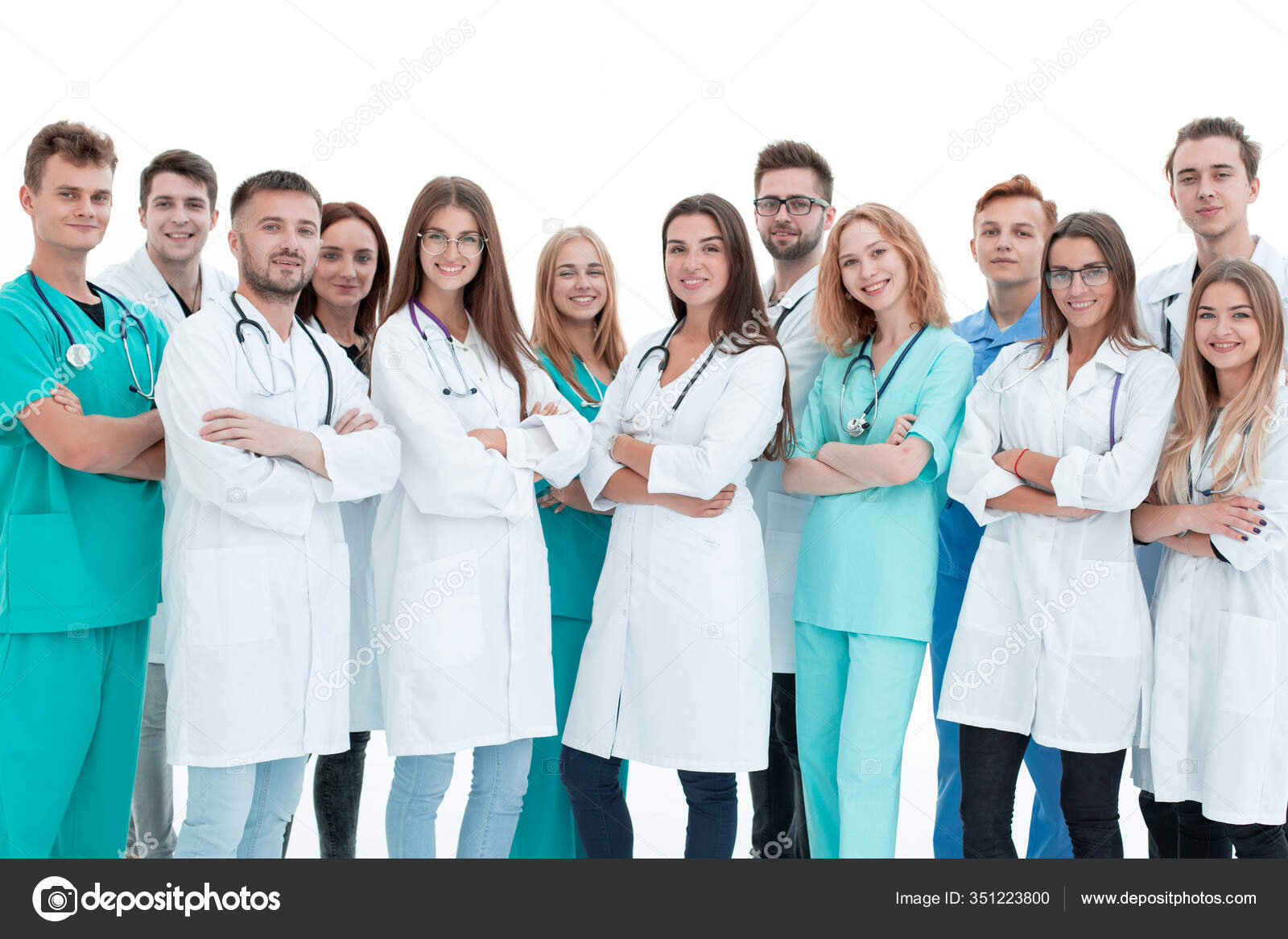 Top view. a group of smiling doctors pointing at you. — Stock Photo ...