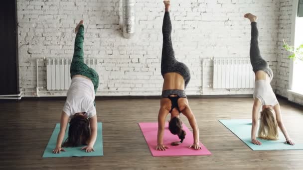 Three pretty young women are doing complex of stretching yoga asanas in ...