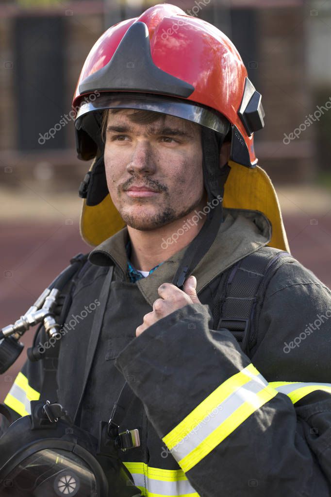 Close Portrait Young Fireman Background Fire Truck — Stock Photo ...
