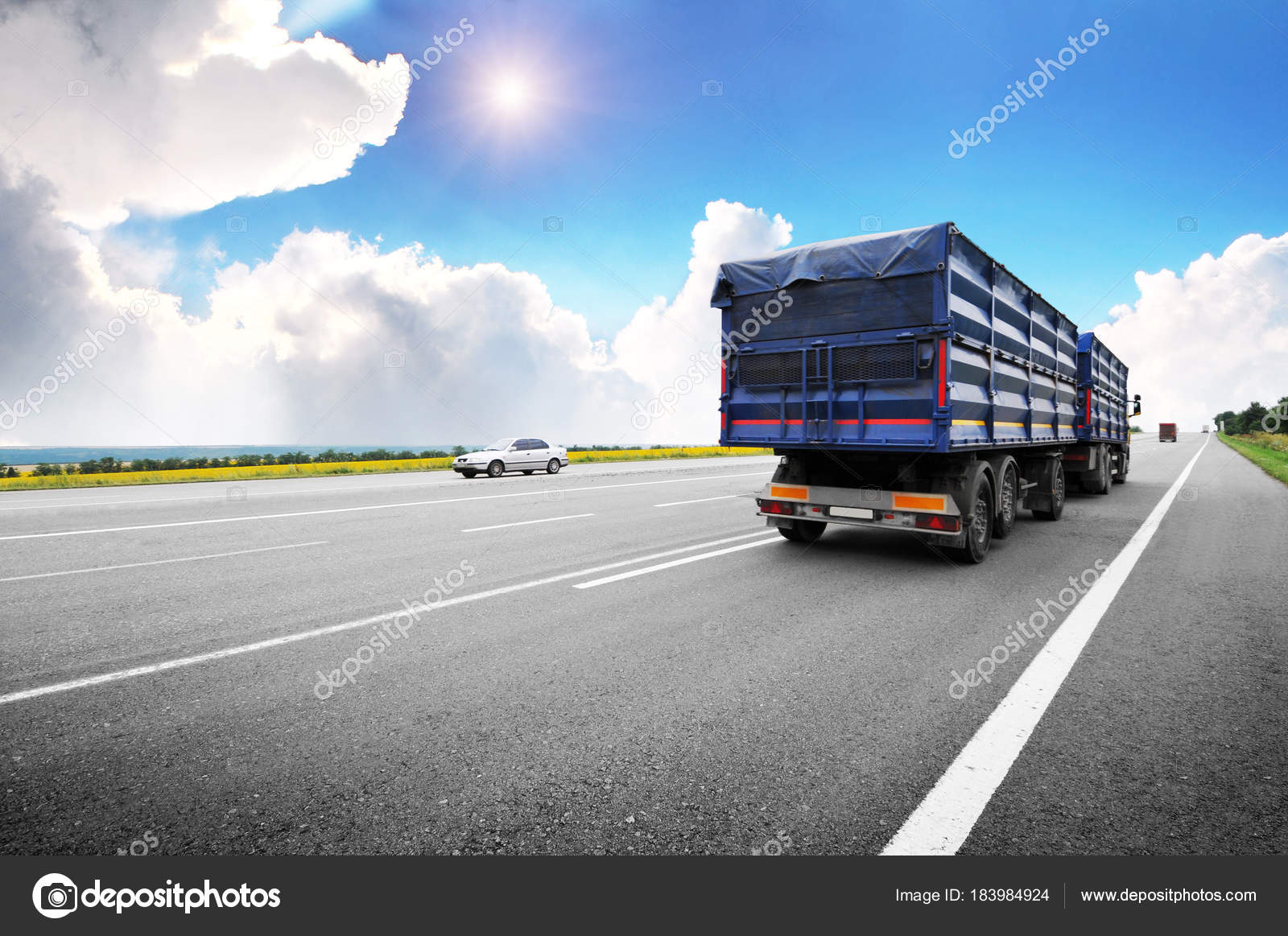 Rear View Big Truck Blue Trailer Countryside Road Blue Sky — Stock ...