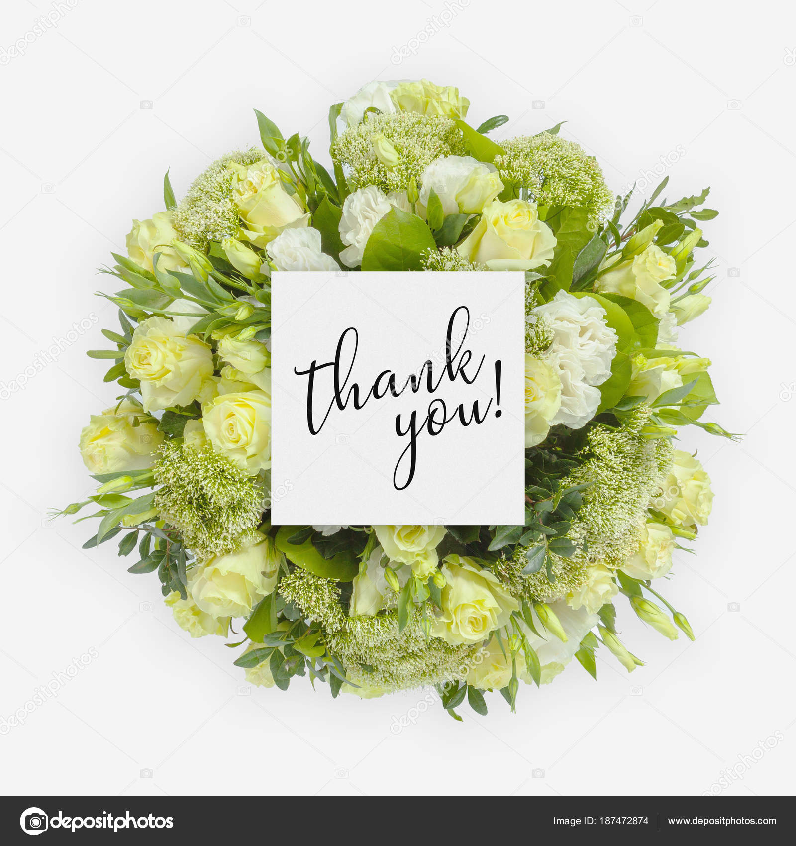 Fresh flowers bunch and card with words thank you written on it Stock ...