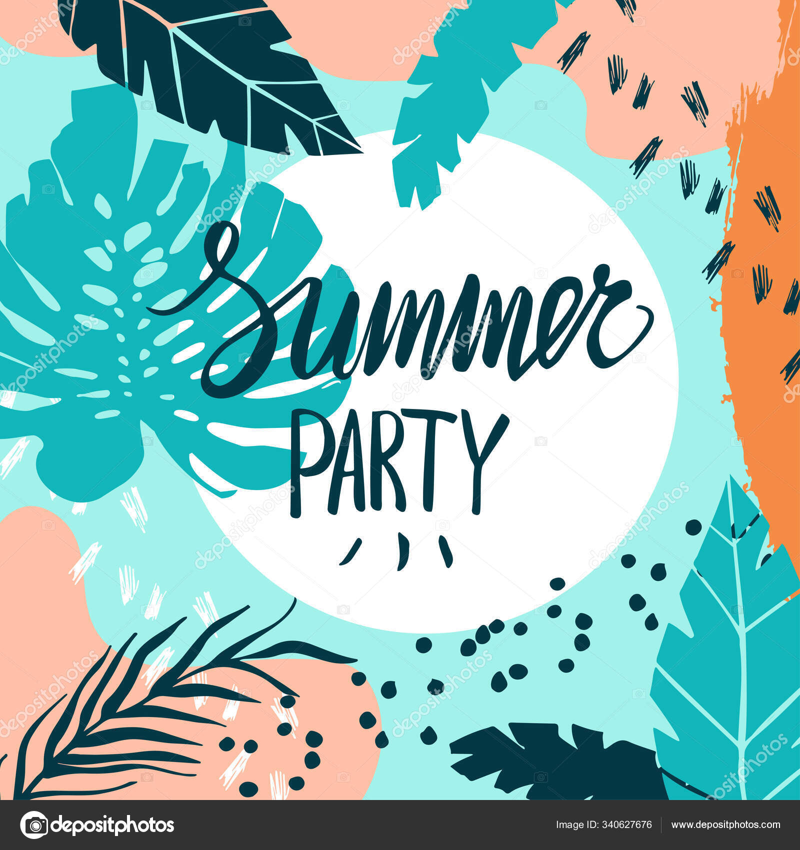 Creative summer card template with hand drawn leaves and strokes. Stock ...
