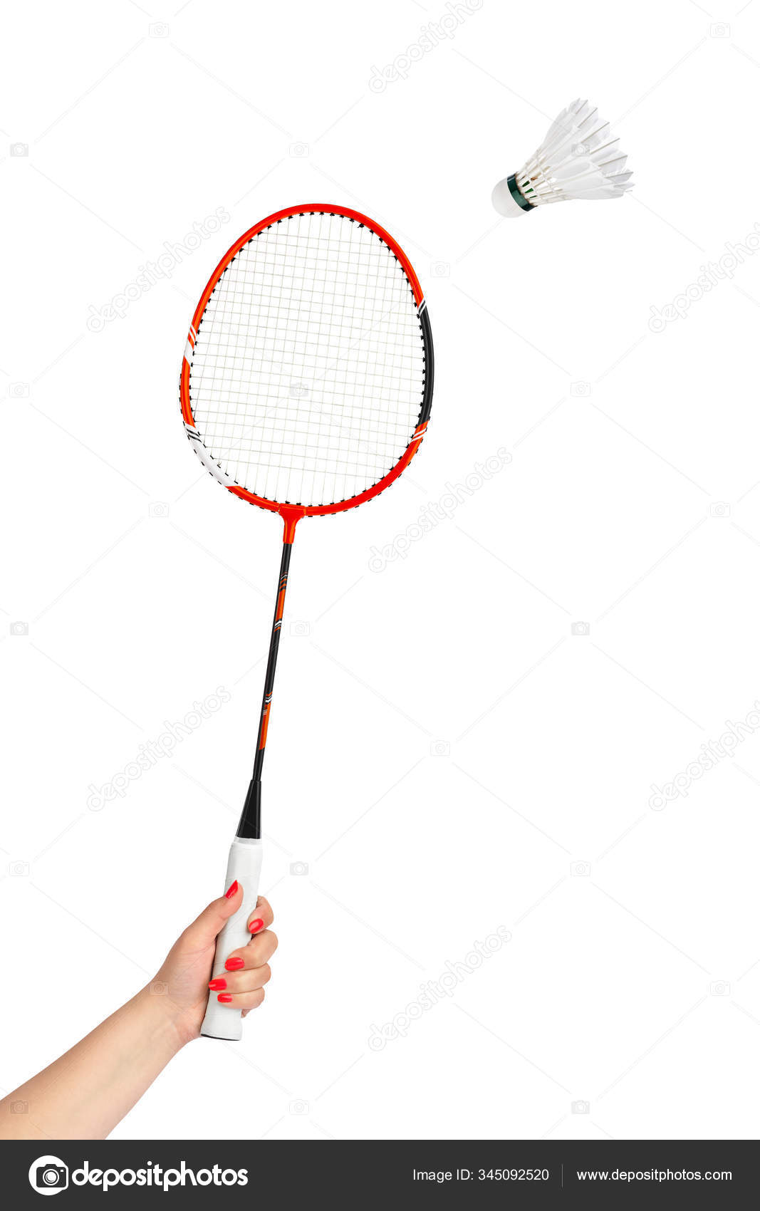 Hand with badminton racket and feather shuttlecock — Stock Photo ...