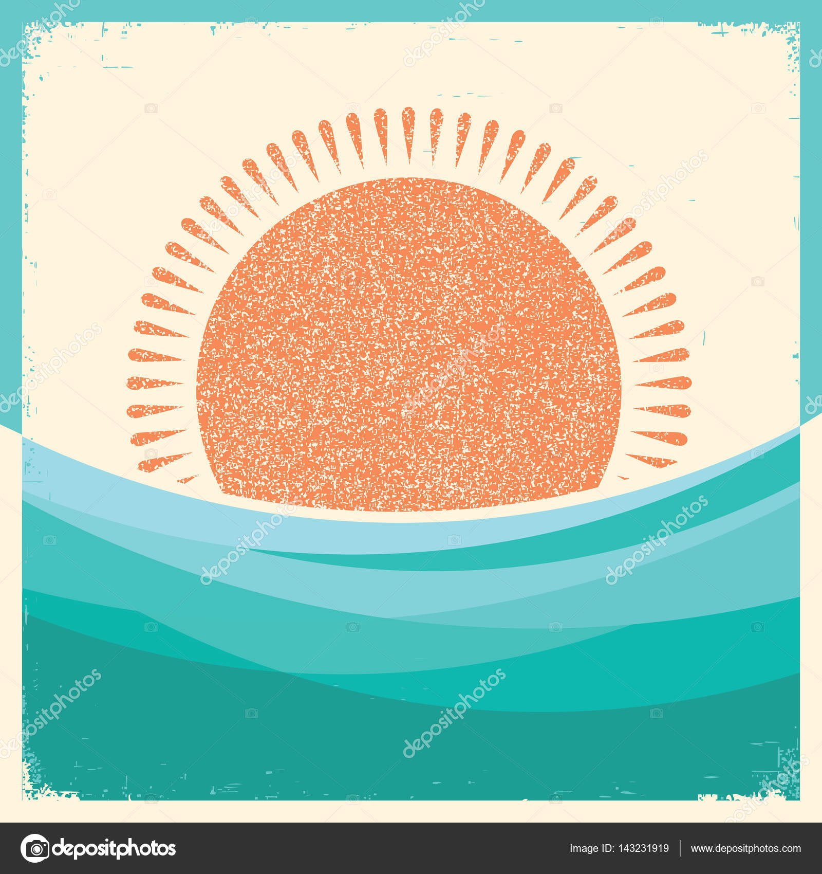 Olas de mar y sol retro fondo illustration.Vector vintage s Vector de ...