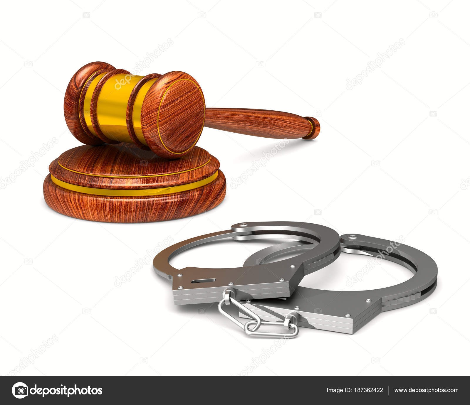 Wooden gavel and handcuffs on white background. Isolated 3D illu Stock ...