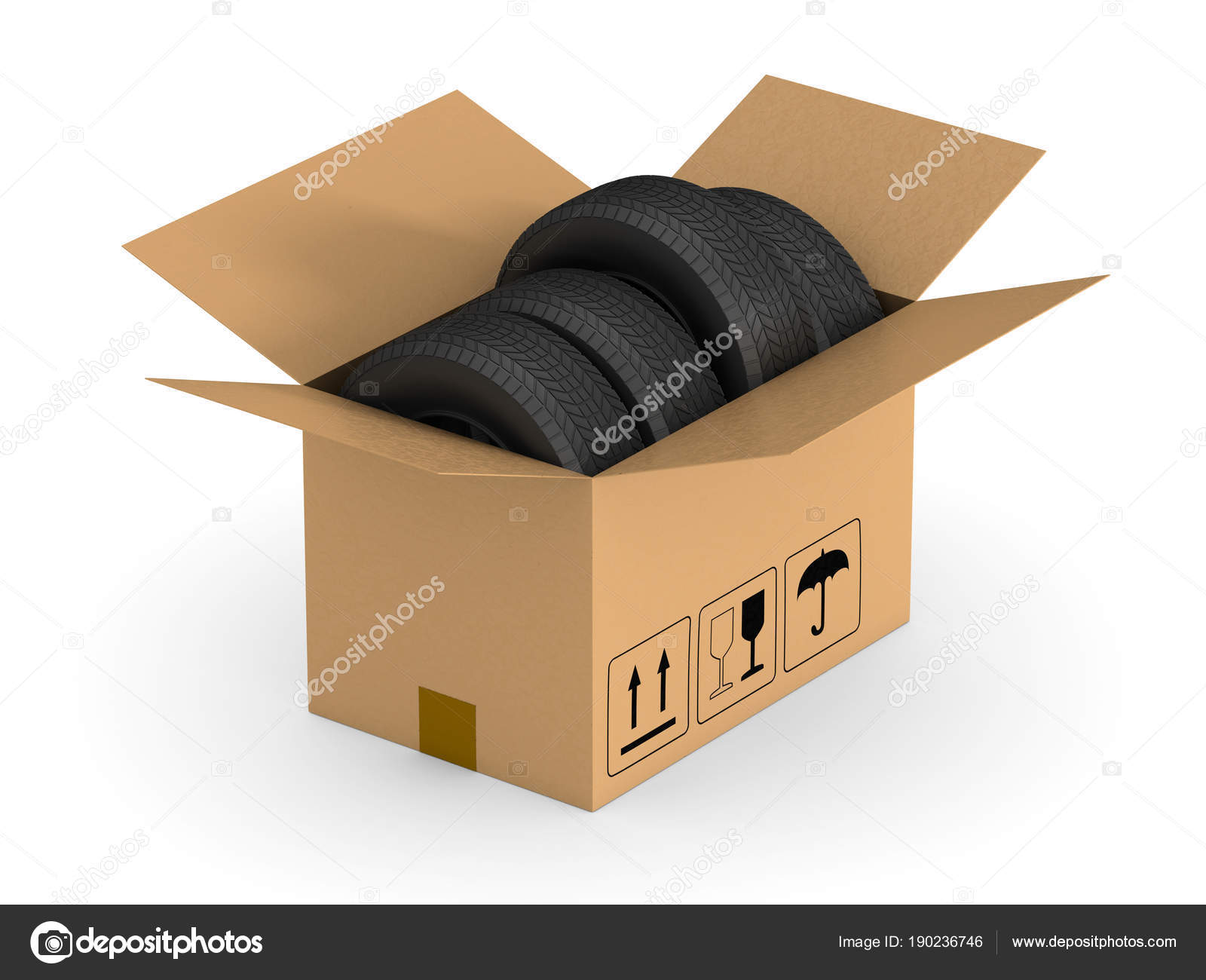 Open cargo box with tyres on white background. Isolated 3D illus Stock ...