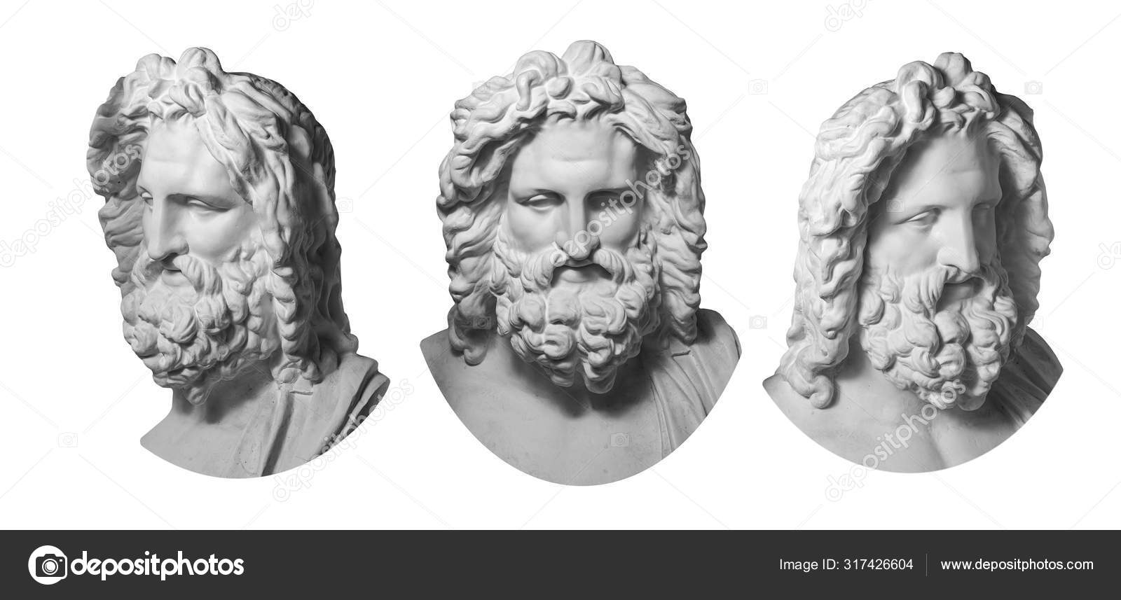 Three gypsum copy of antique statue Zeus head isolated on white ...