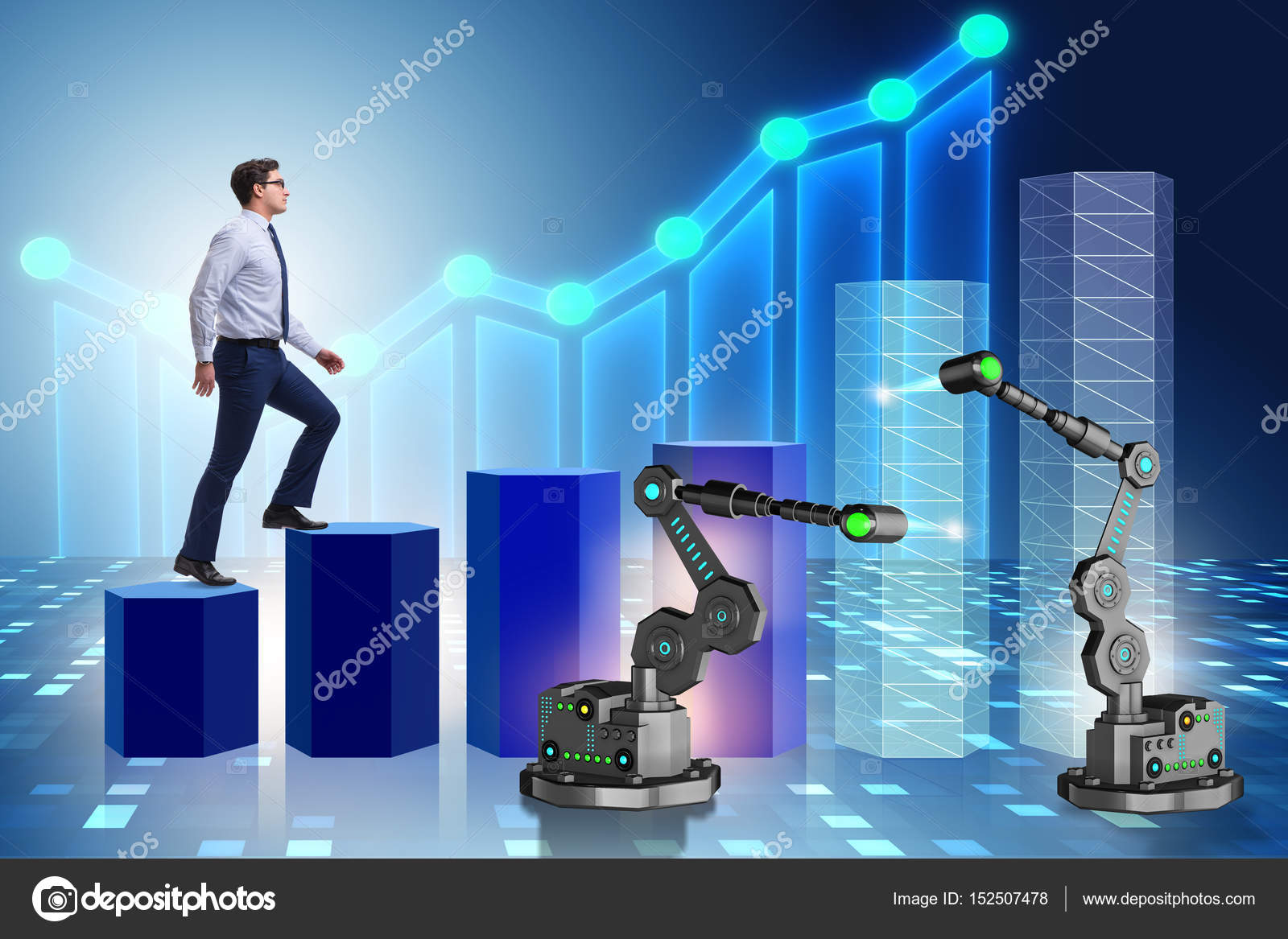 Businessman walking up the chart supported by robotic arm Stock ...