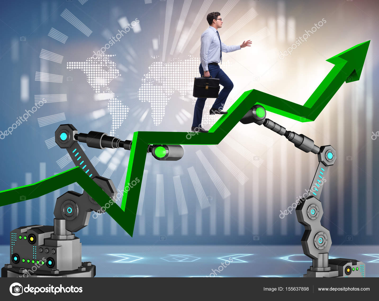 Businessman walking up the chart supported by robotic arm Stock ...