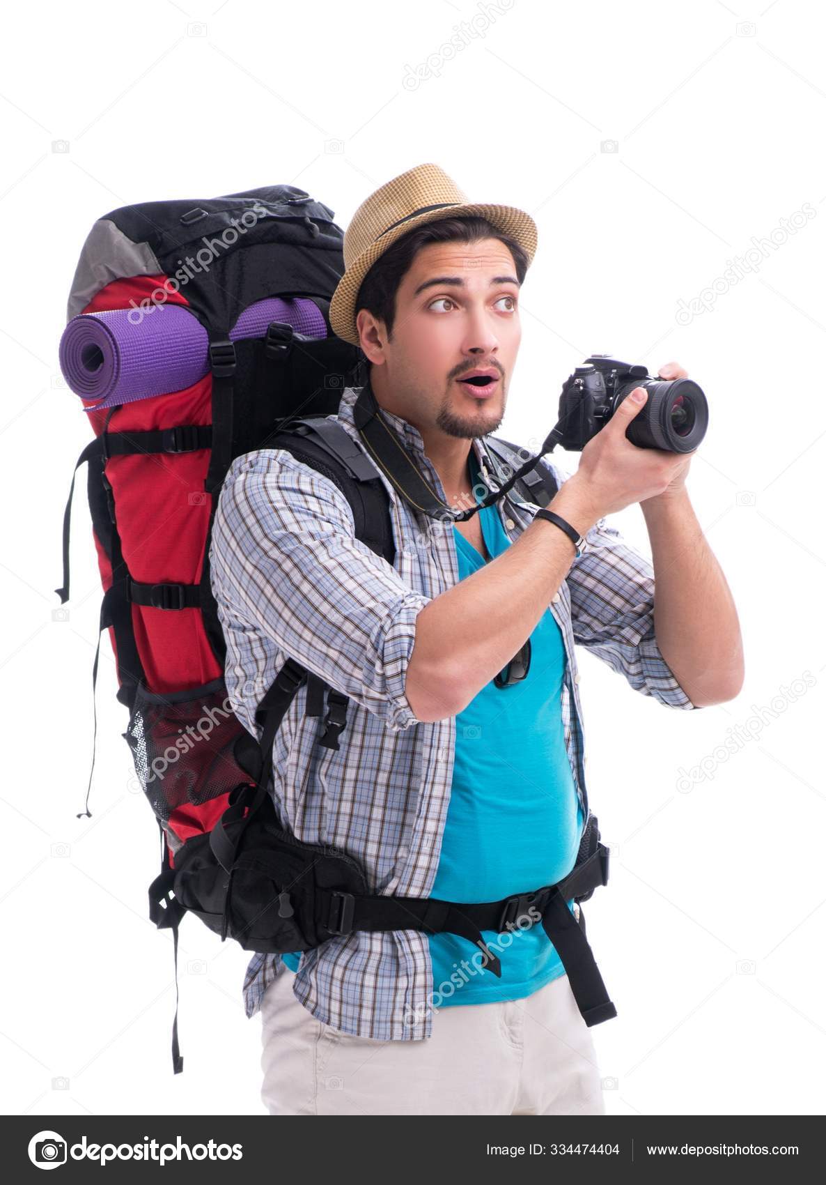 Backpacker with camera isolated on white background — Stock Photo ...