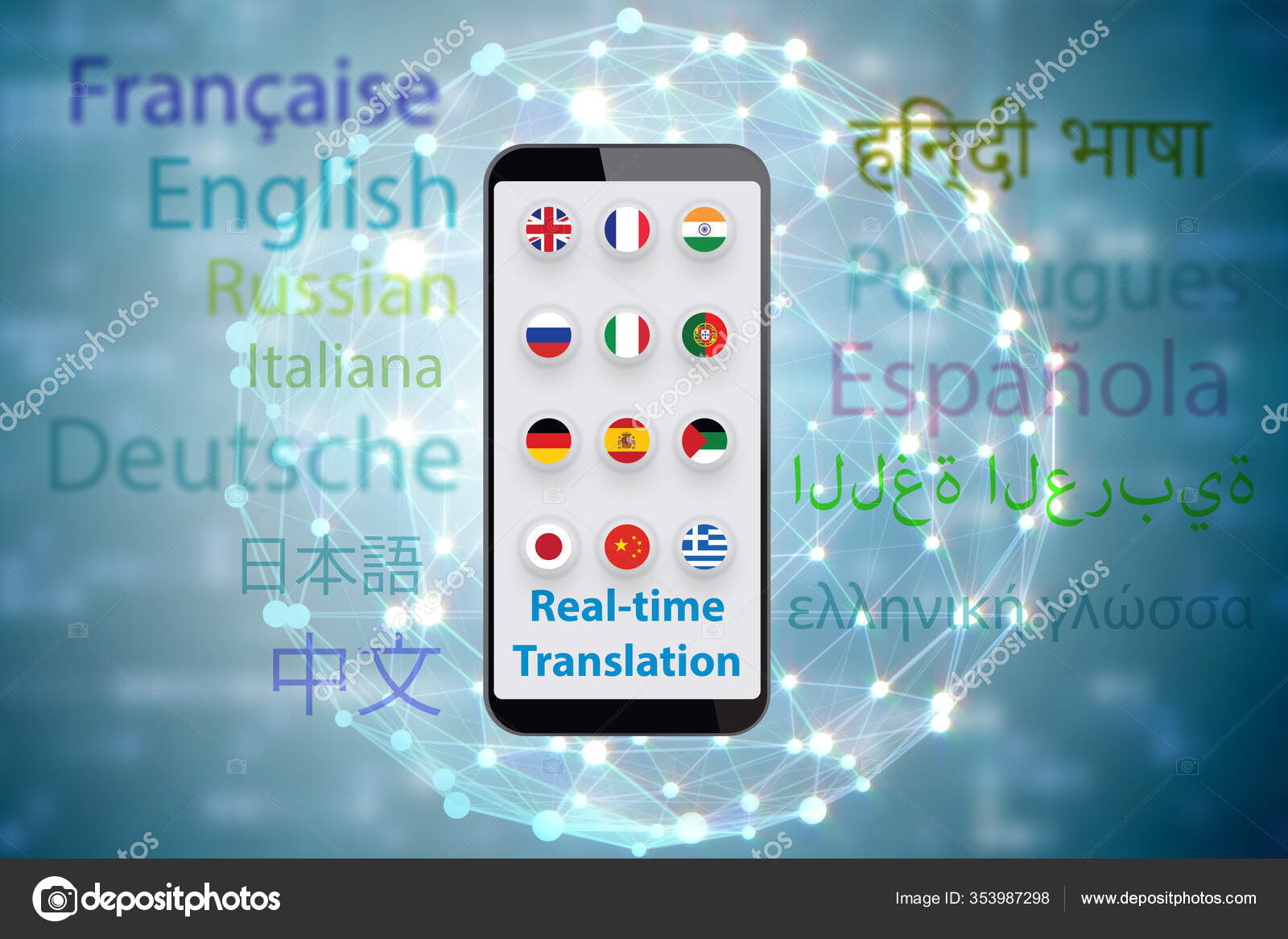 Concept of real time translation with smartphone app - 3d render ...