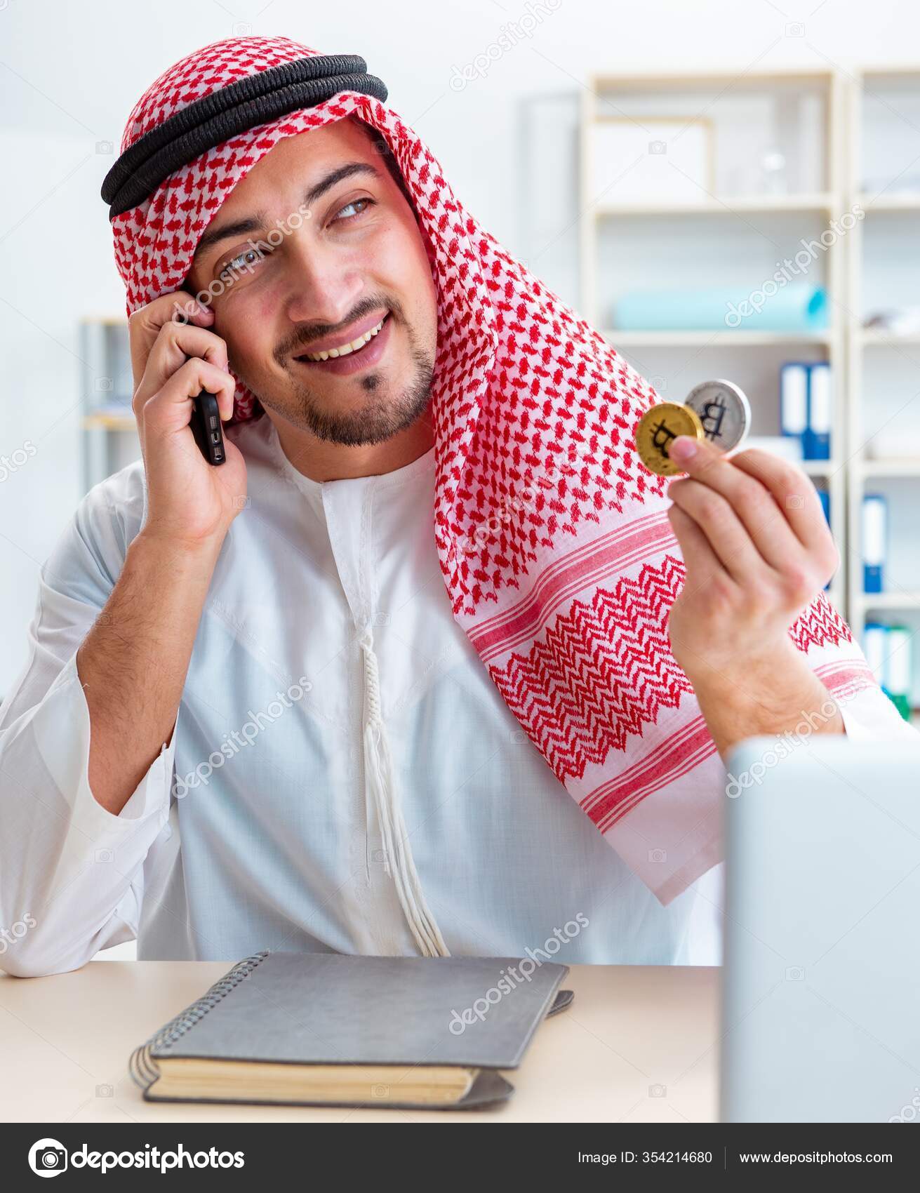 Arab man with bitcoin in cryptocurrency mining concept — Stock Photo ...