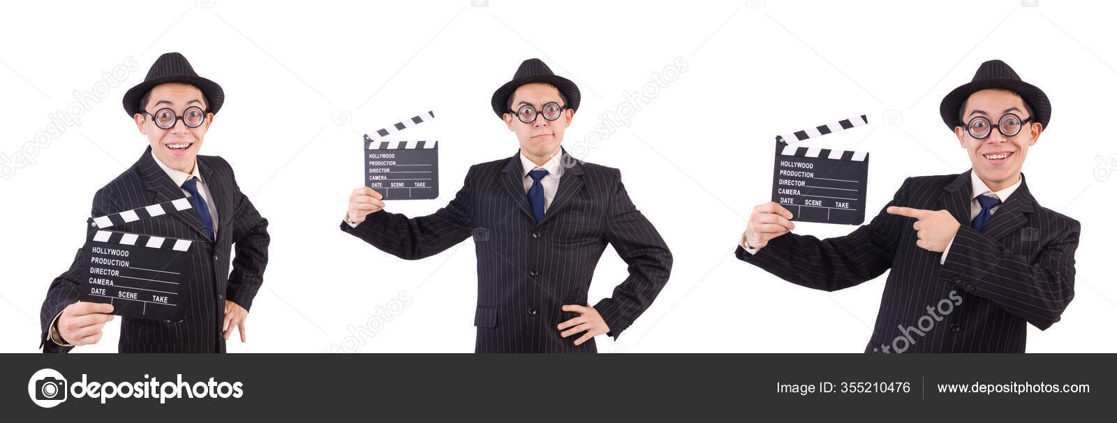 Funny man in elegant suit with movie clapboard isolated on white ...