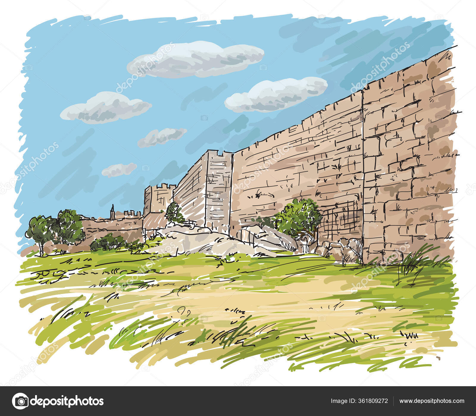 Hand Drawing Jerusalem Old City Wall King David Tower Israel Stock ...