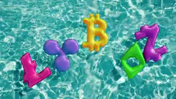 Crypto currency signs shaped inflatable swim ring floating in a ...