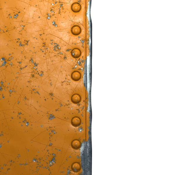 Rusty metal strip with rivets on the center against on black metal ...