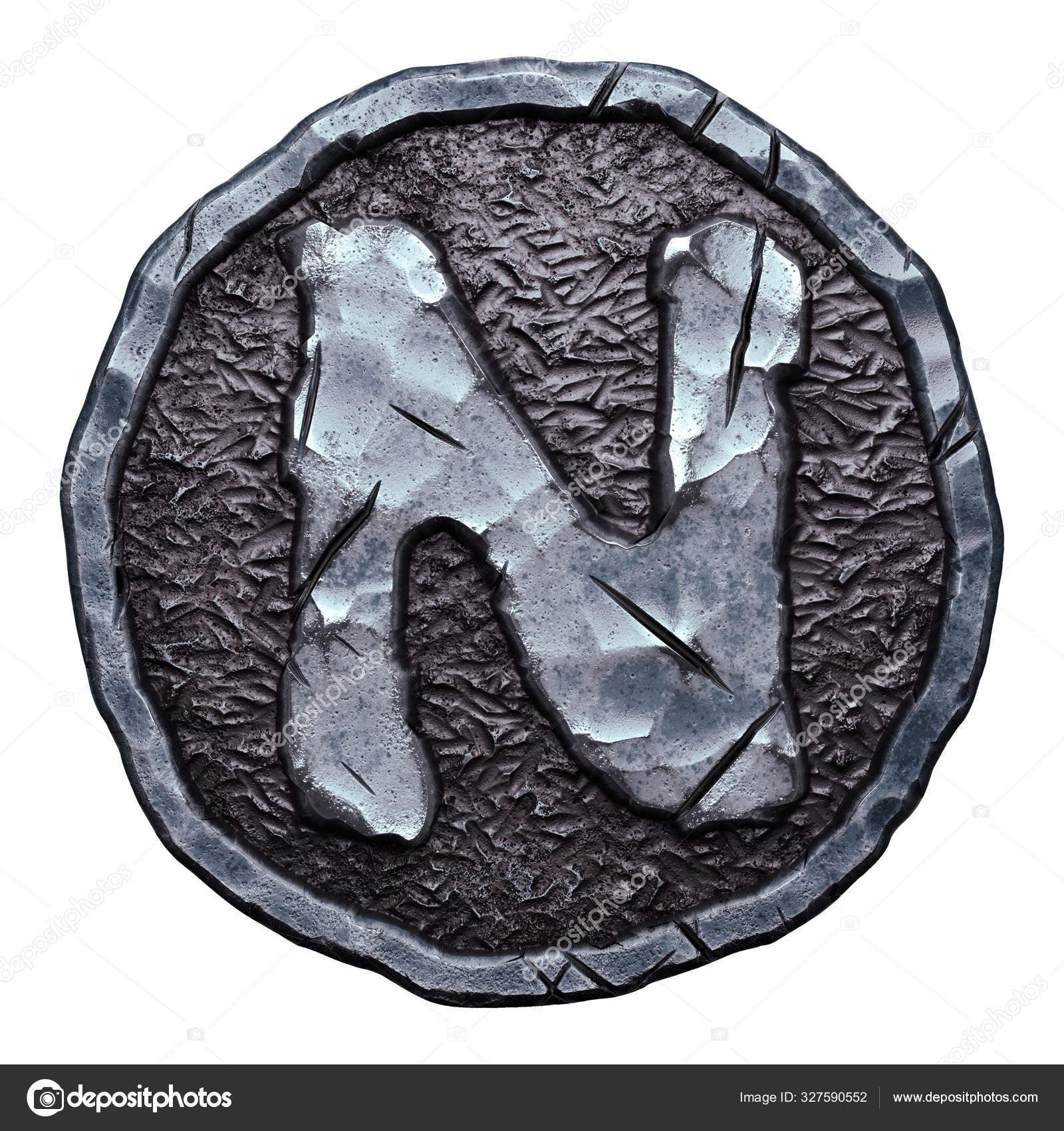 Capital letter N made of forged metal in the center of coin isolated on ...