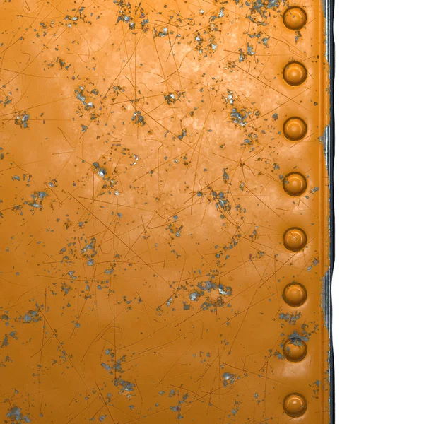Rusty metal strip with rivets on the center against on black metal ...