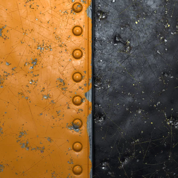 Rust metal with rivets in the shape of a square in the center on black ...