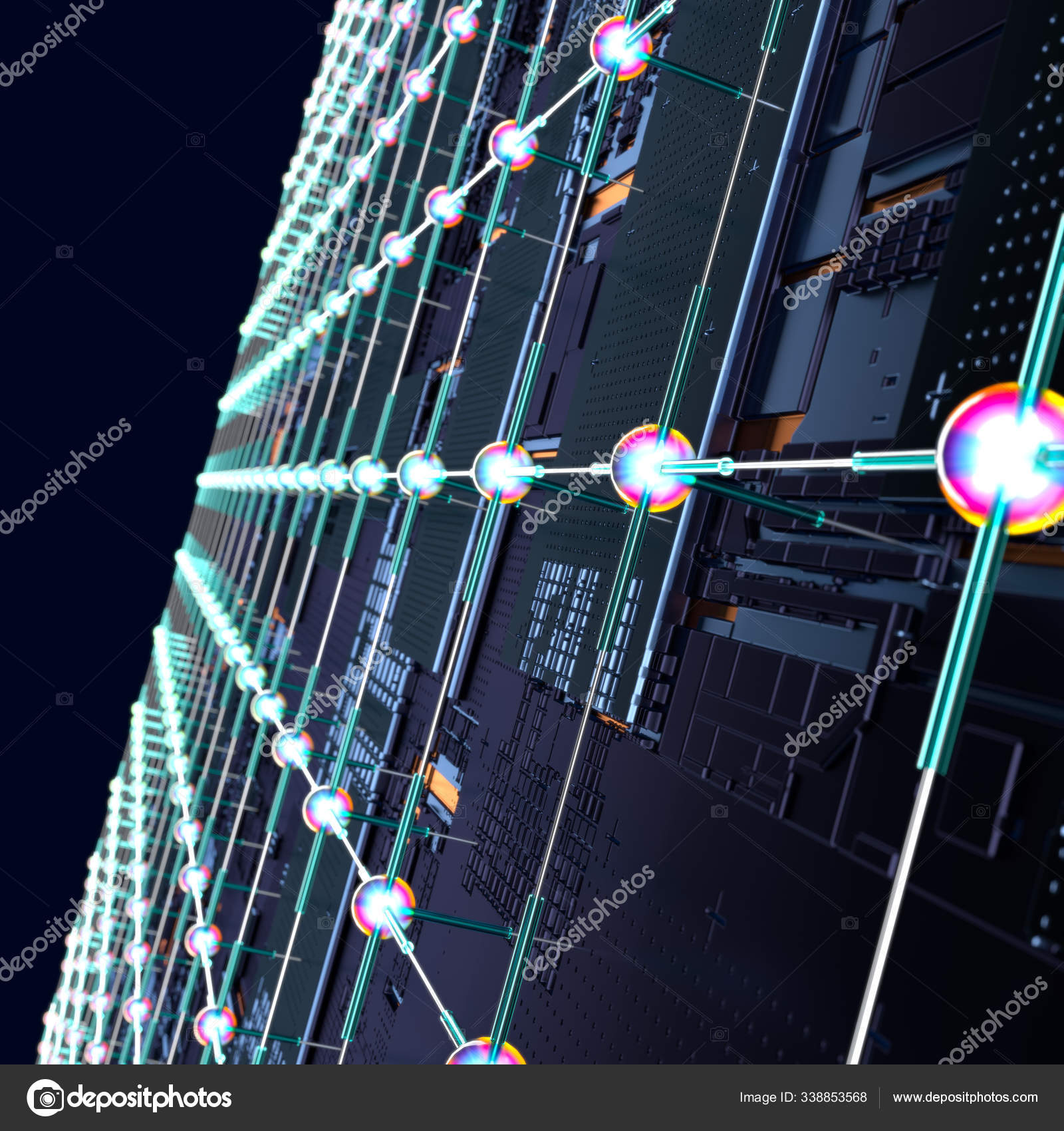 Circuit board futuristic server code processing. Angled view multicolor ...