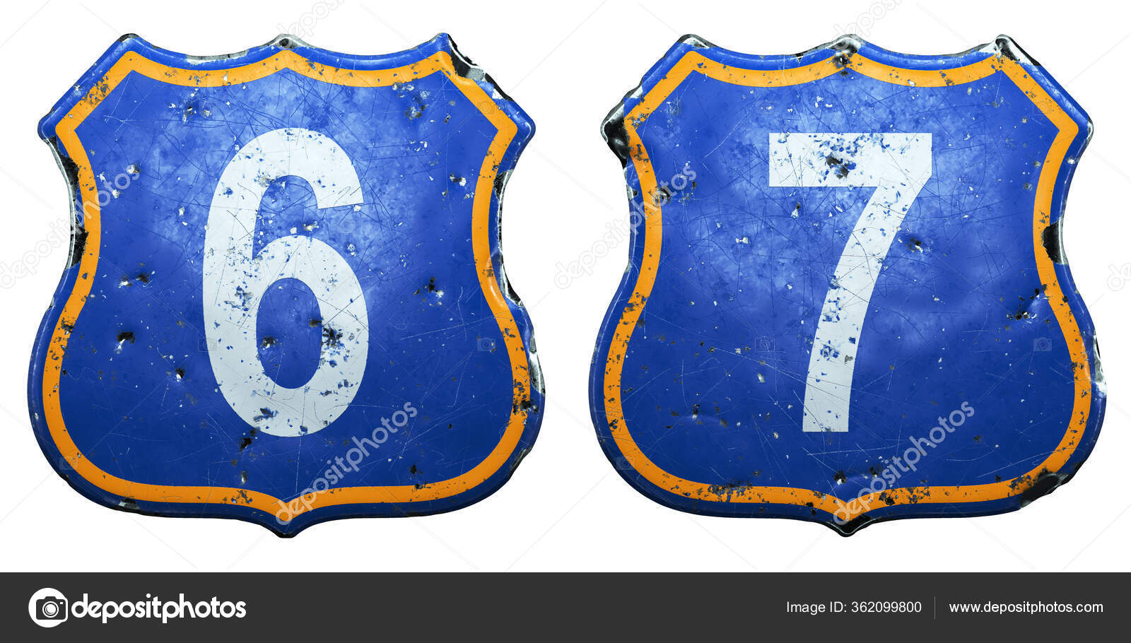 Set of Public road signs in blue and orange color with a white numbers ...