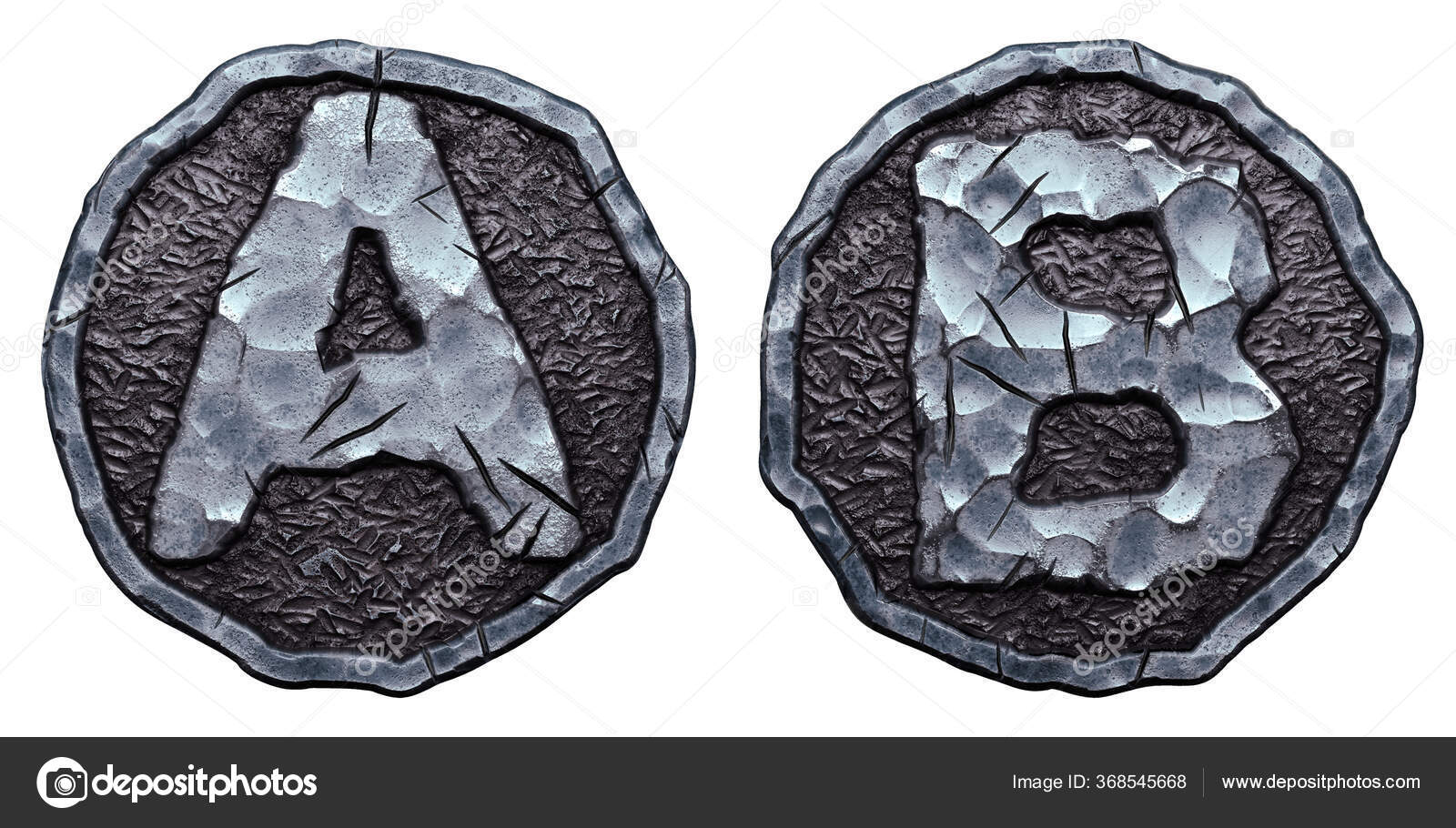 Set of capital letters A, B made of forged metal in the center of coin ...