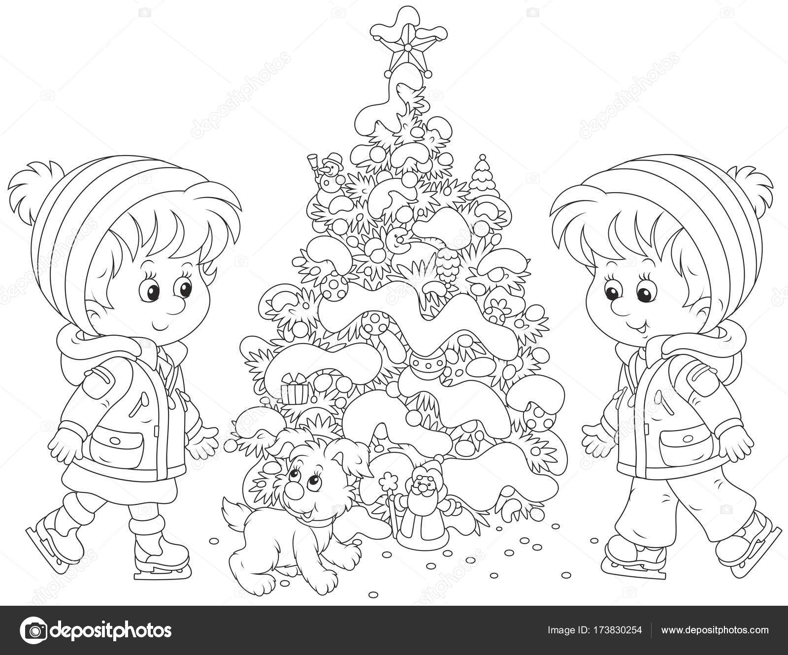 Playing Children Black And White Clipart Christmas