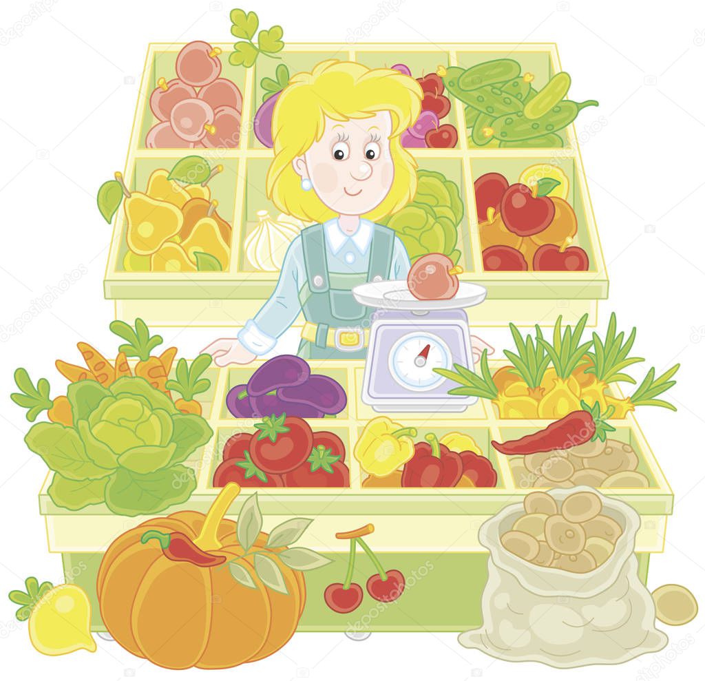 Greengrocer en un mercado. Chica sonriente comerciante de pie detrás de ... Greengrocer en un mercado. Chica sonriente comerciante de pie detrás de ...