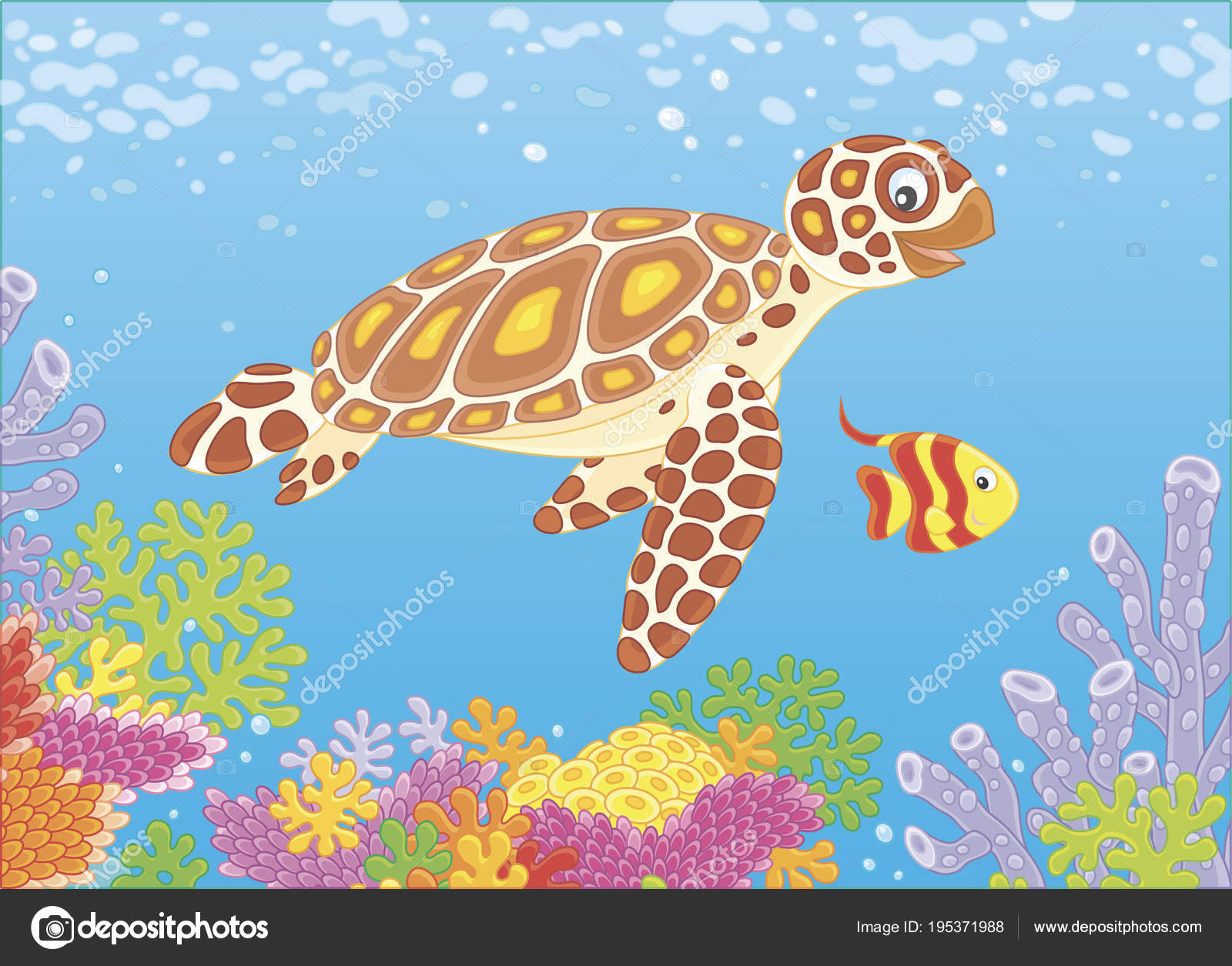 Funny Sea Loggerhead Turtle Small Striped Butterfly Fish Swimming ...