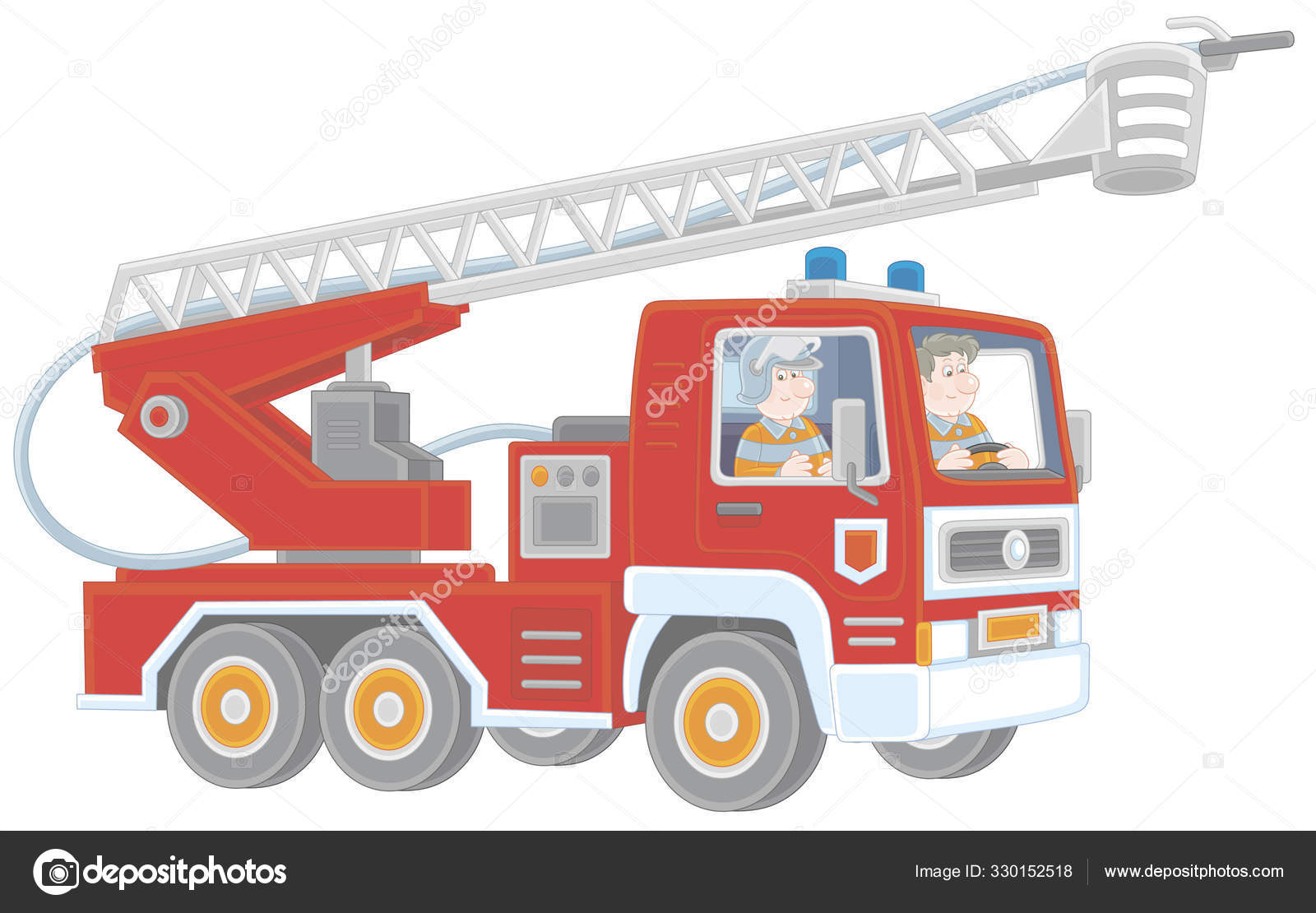 Fire Engine Carrying Firefighters Equipment Fighting Large Fires Vector ...