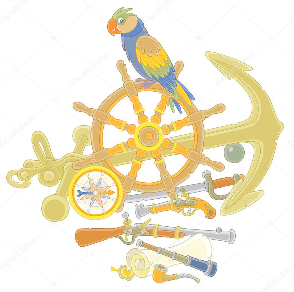 Divertido loro pirata con un viejo timón de madera, un ancla de barco ...