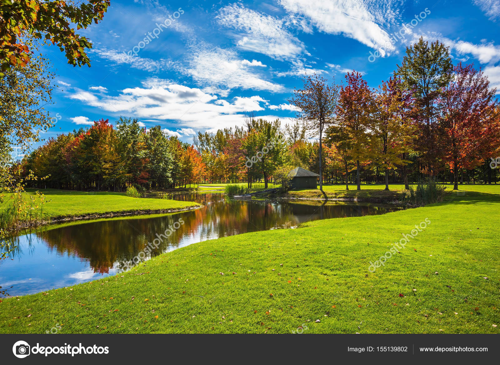 Green grass field with trees and lake Stock Photo by ©kavramm 155139802