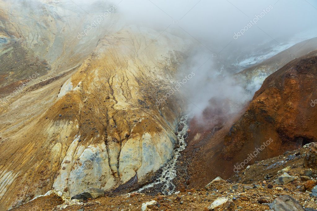 Stream from melting of glaciers on the active volcano Mutnovsky ...