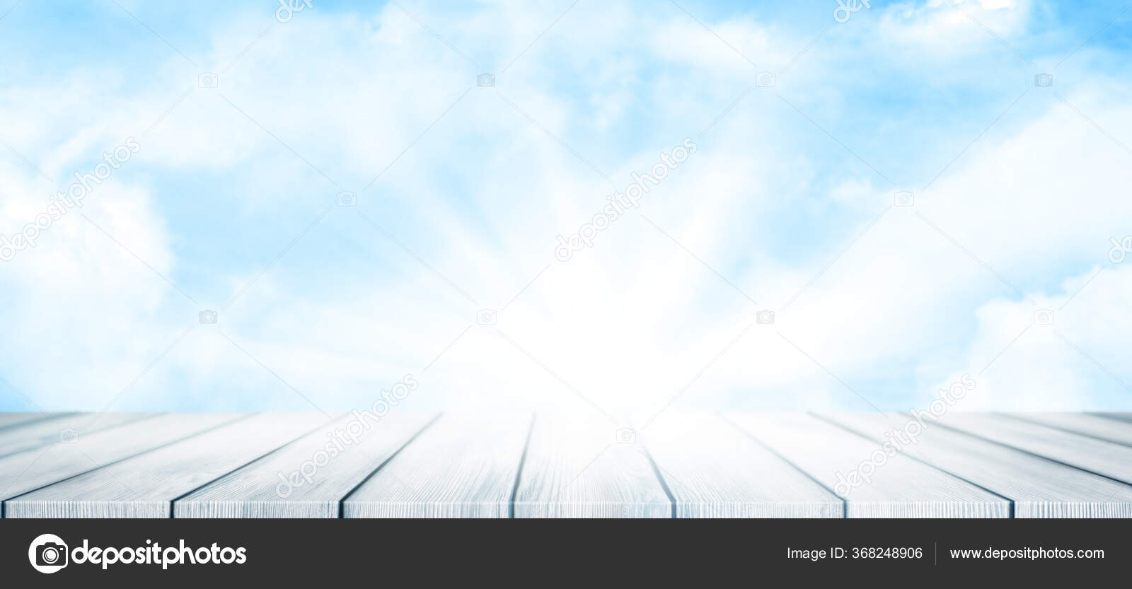 Empty Wooden Table Front Blue Sunny Sky Wide Template Background ...