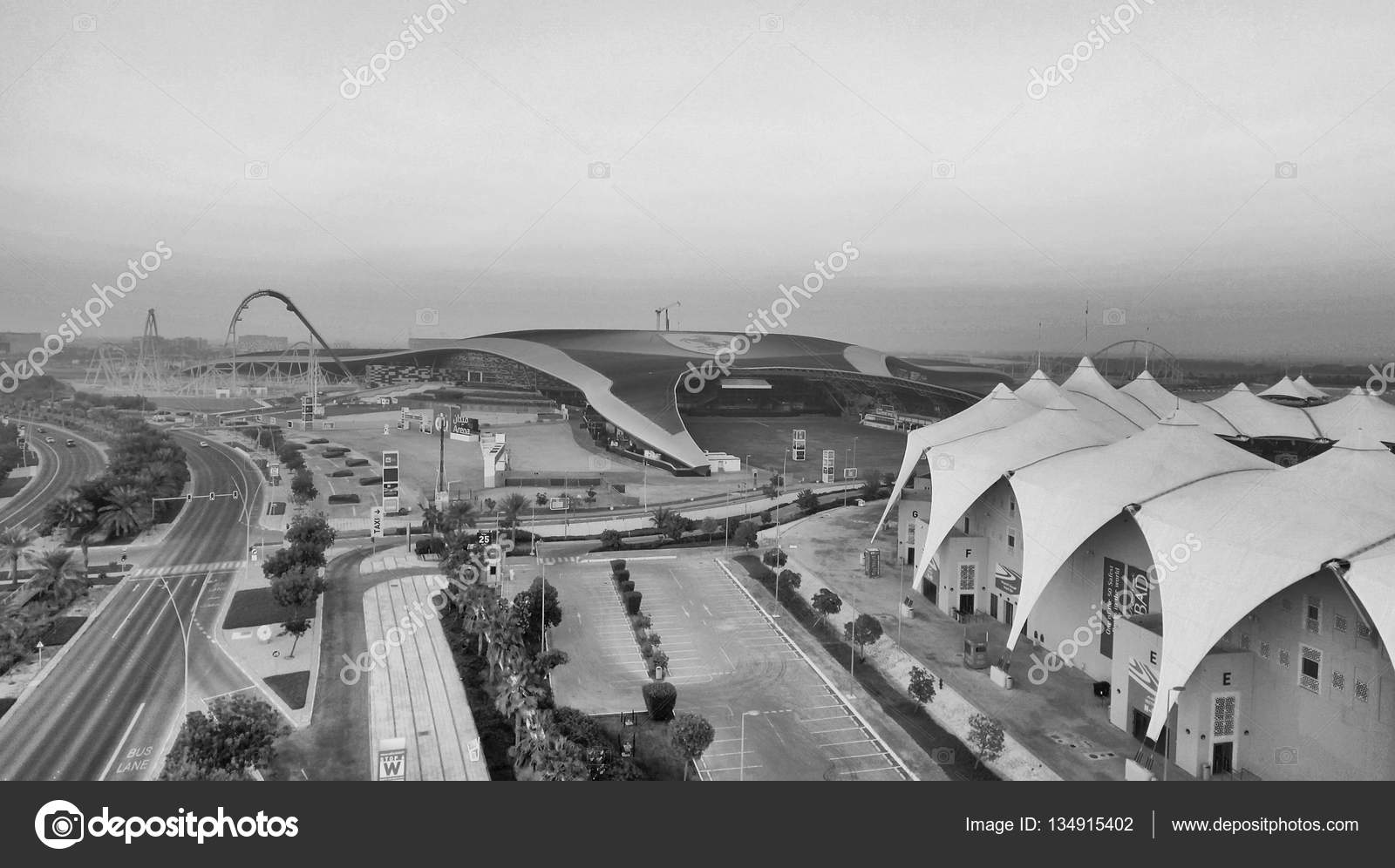 Aerial view of Ferrari World Park Stock Photo by ©jovannig 134915402