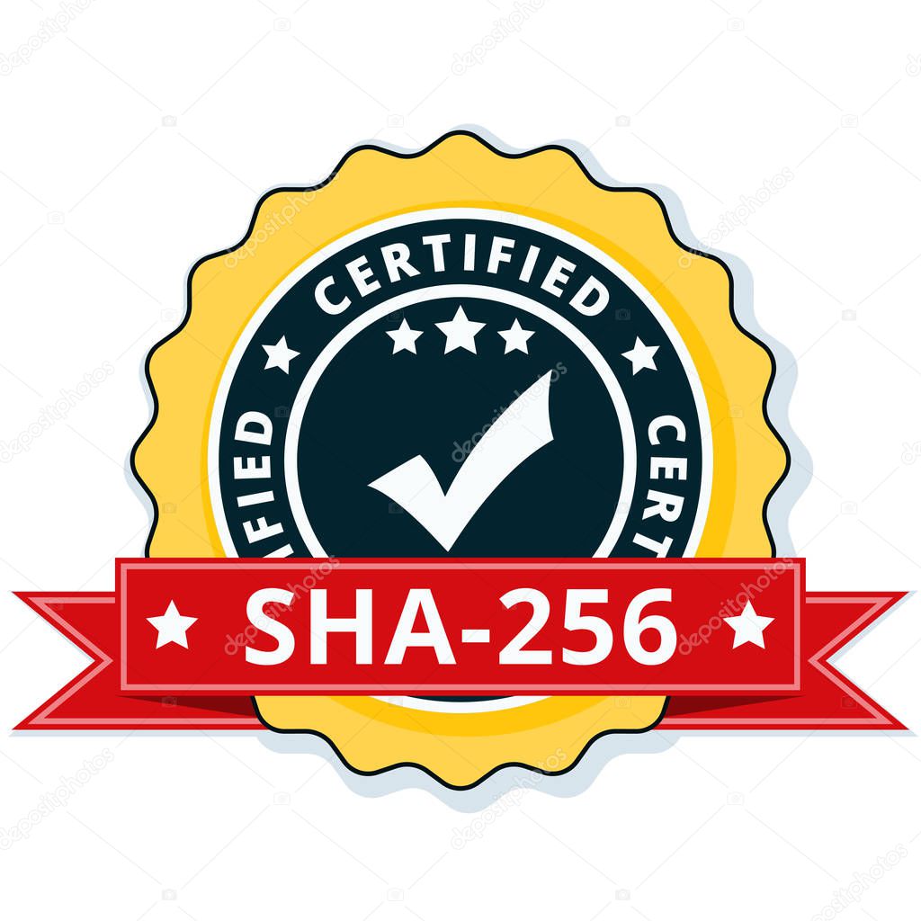 SHA-256 Etiqueta plana certificada con cinta roja, vector, ilustración 2022