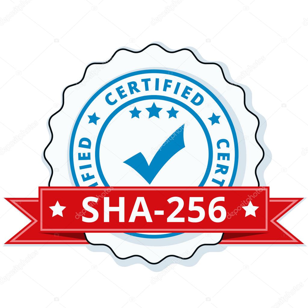 SHA-256 Etiqueta plana certificada con cinta roja, vector, ilustración 2022
