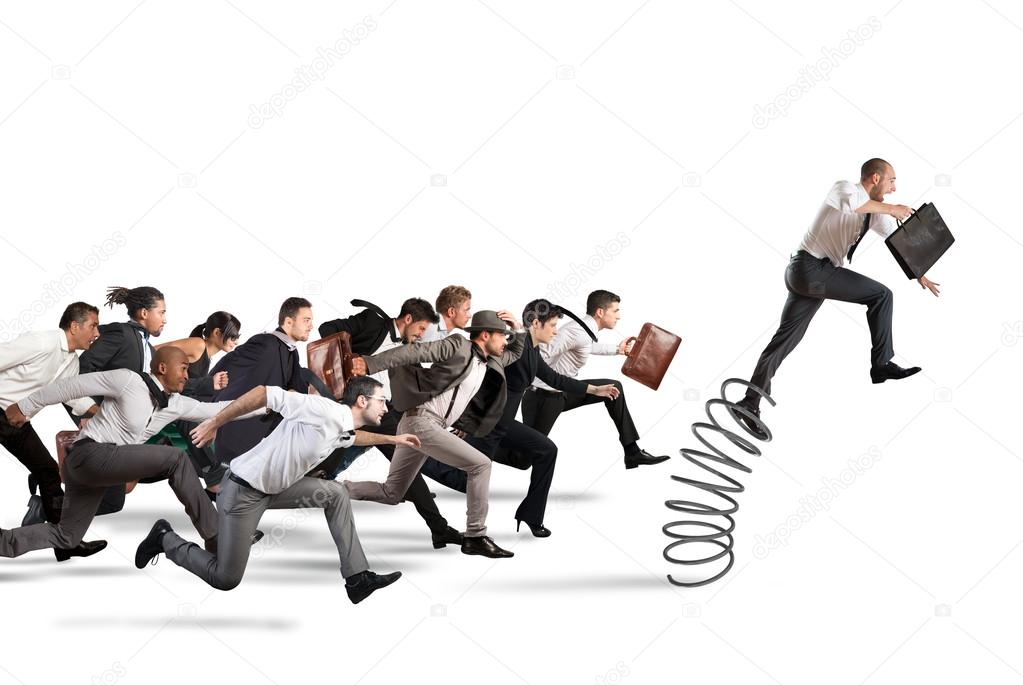 Businessman jumping on a spring — Stock Photo © alphaspirit #128312196