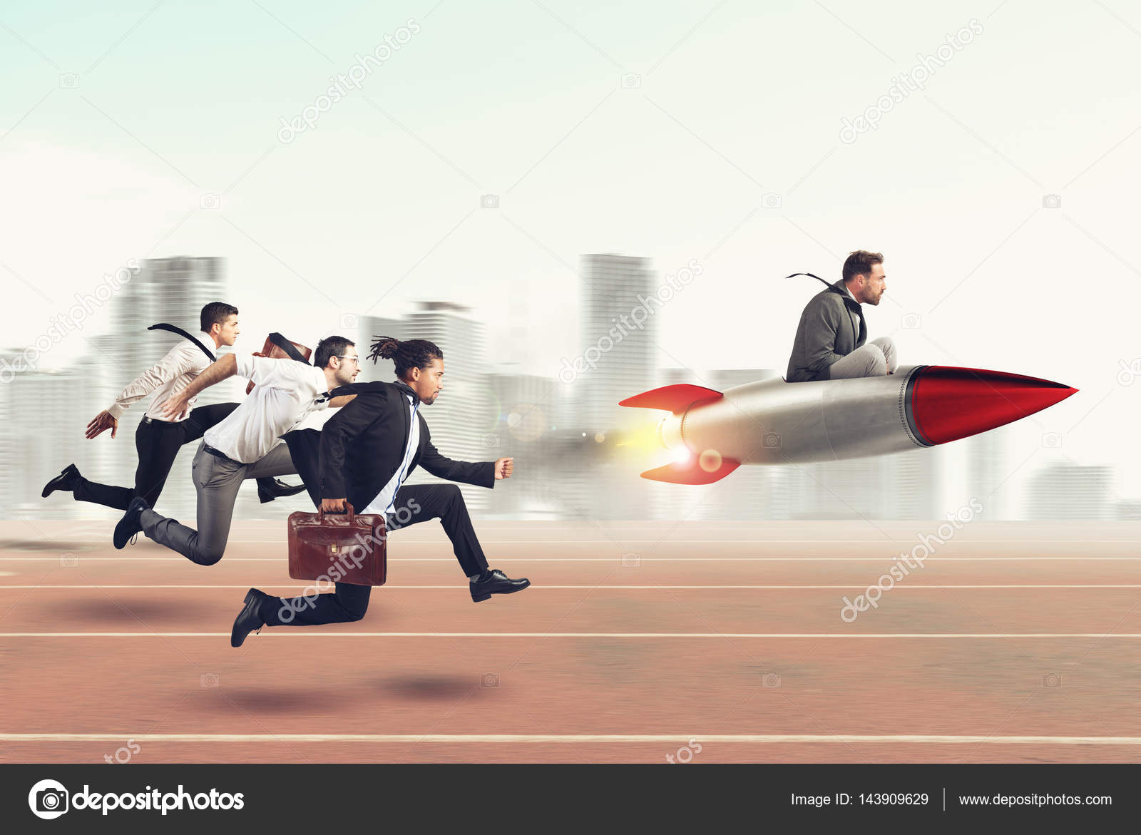 Businessman flying with rocket Stock Photo by ©alphaspirit 143909629