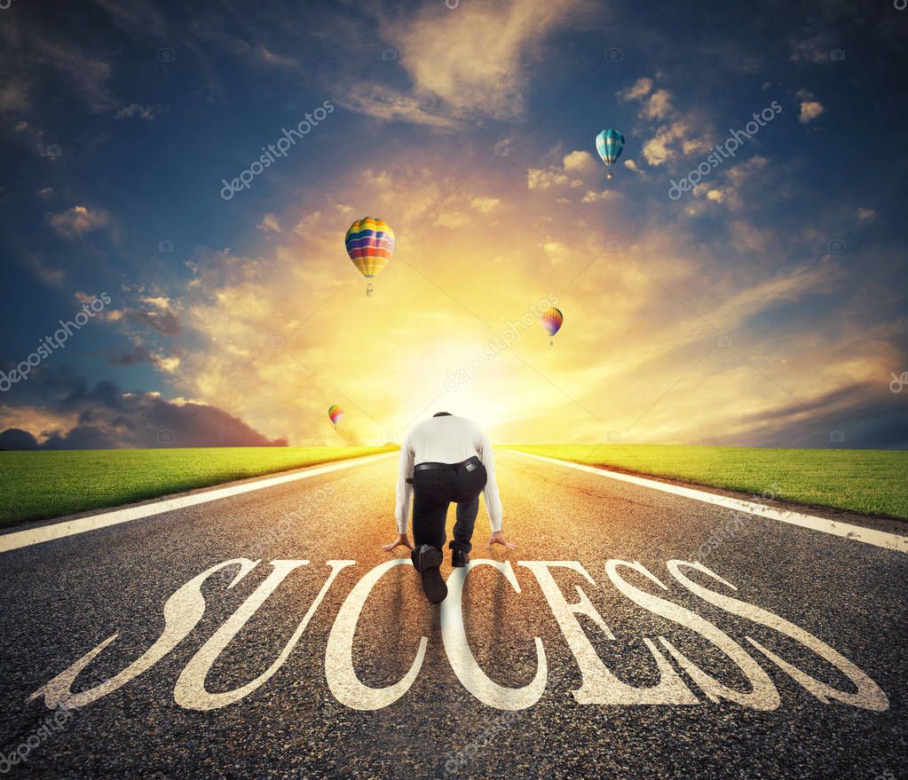 Man ready to run on a success way. Concept of successful businessman ...