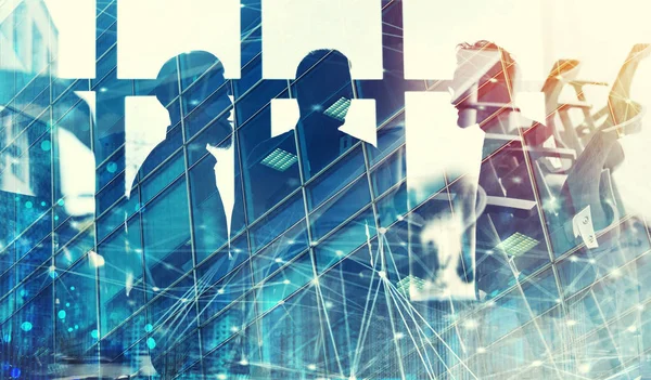 Businessmen that work together in office with network connection effect ...