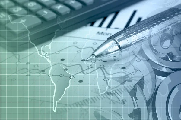 Financial background with map, calculator, graph and pen - Stock Image ...