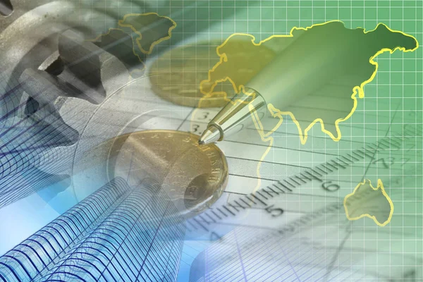 Financial background with money, table, map and pen - Stock Image ...