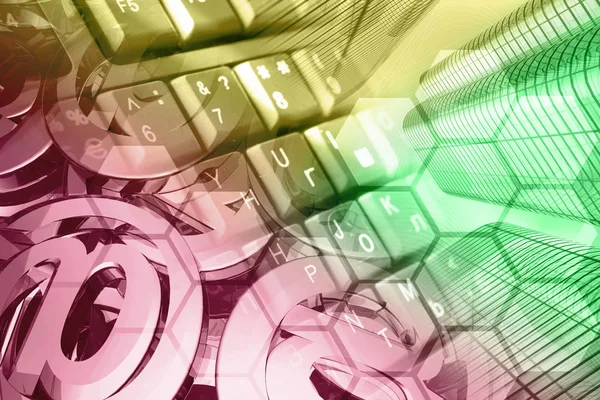 Computer background - mail signs, globes, keyboard and buildings ...