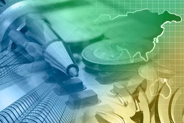 Financial background with money, calculator, map and pen, toned ...