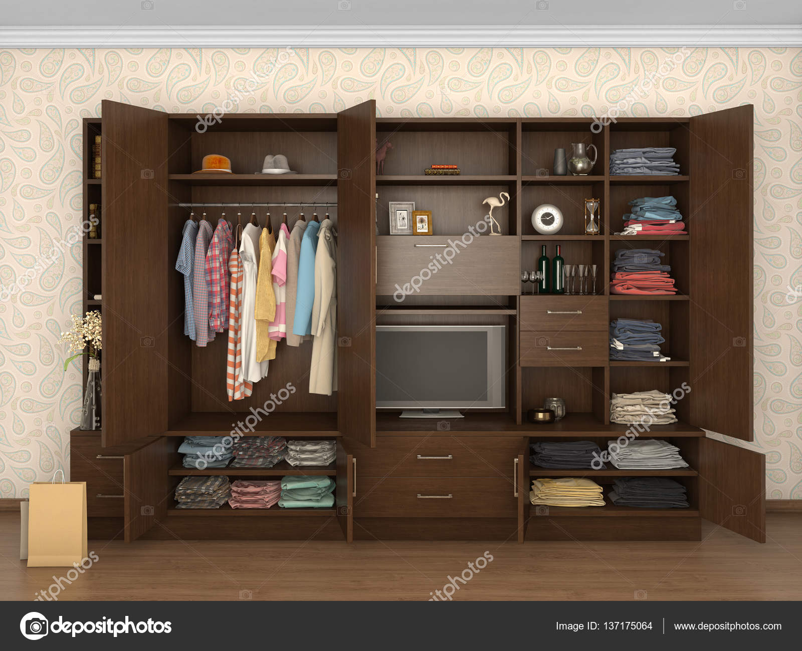 Big cupboard open in interior with things; 3d illustration — Stock ...