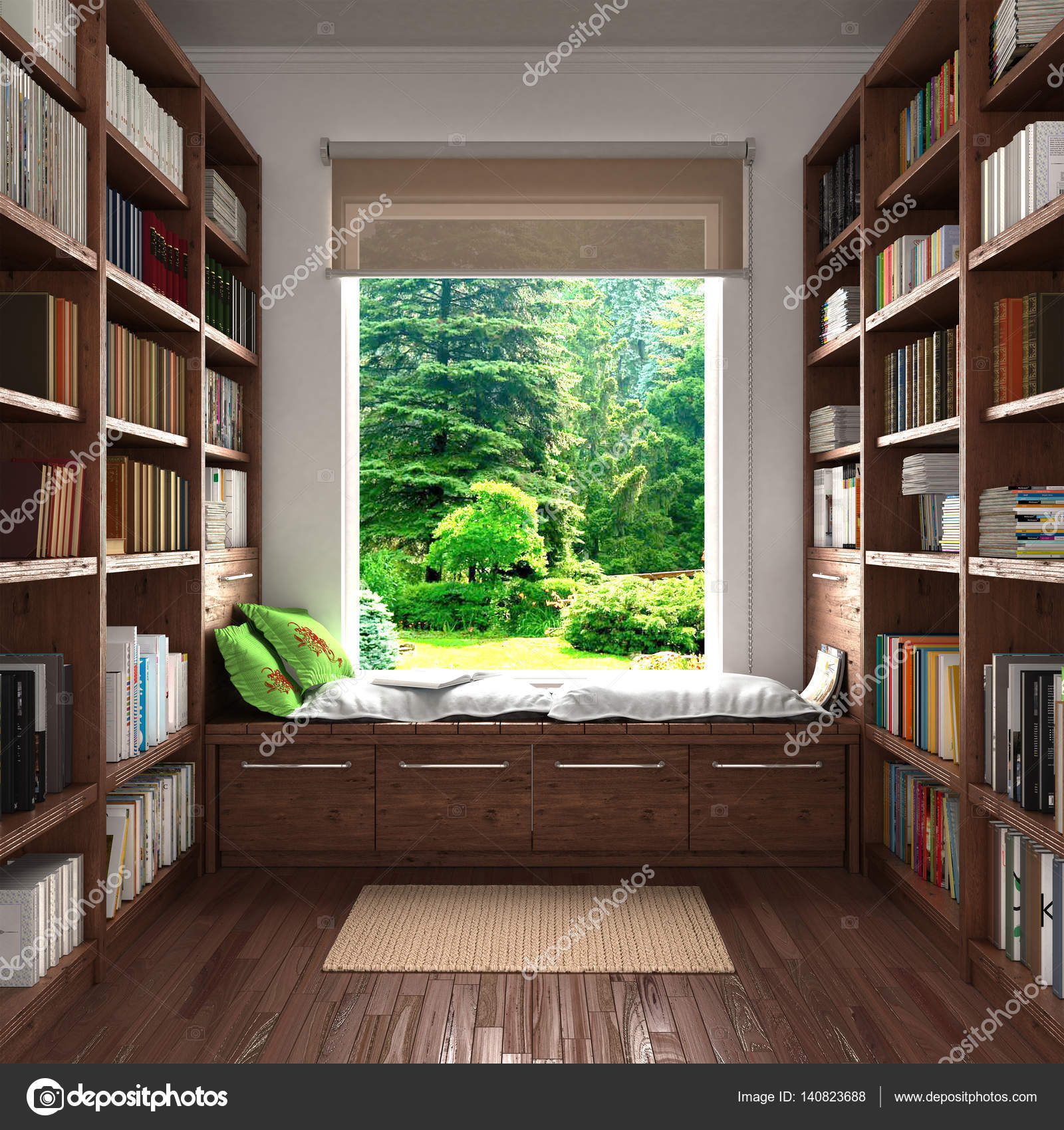 Home reading concept. Wooden shelves full of book in home librar Stock ...