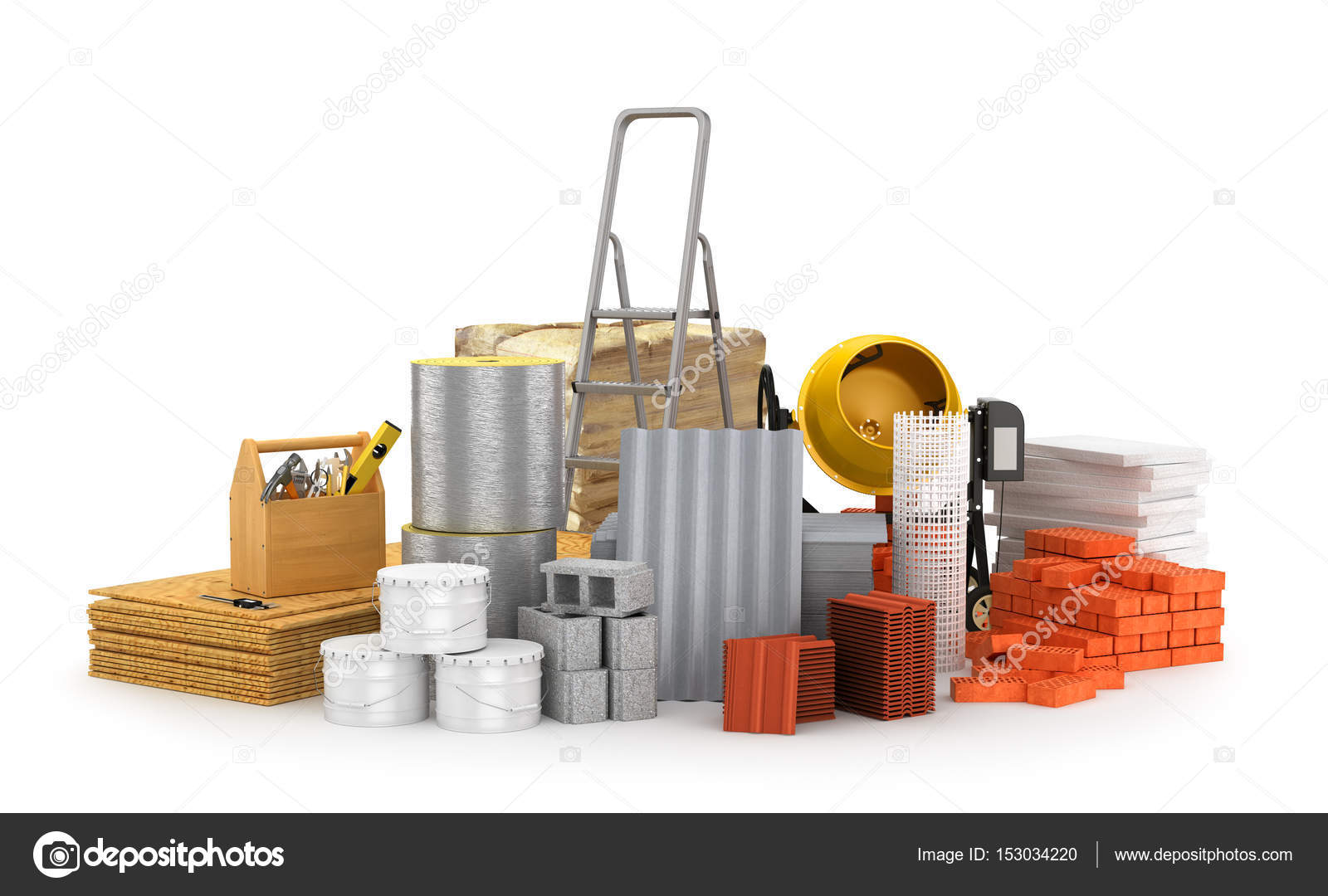 Construction materials, isolated on a white background. 3D illus Stock ...